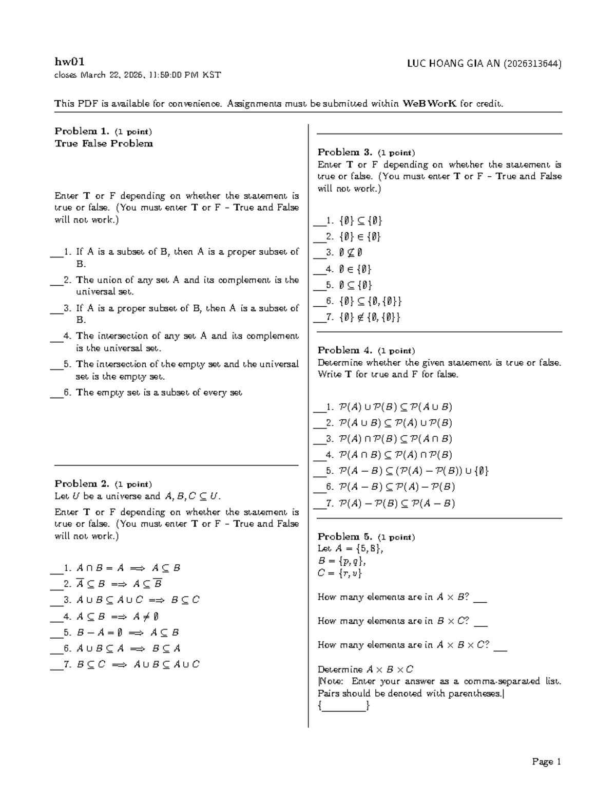 2026-1 Discrete Math HW01 Assignment Guide - Studocu
