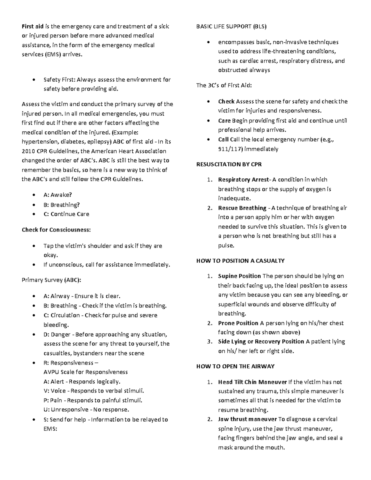 First Aid Basics: Emergency Care & Treatment Overview (RISK L2) - Studocu
