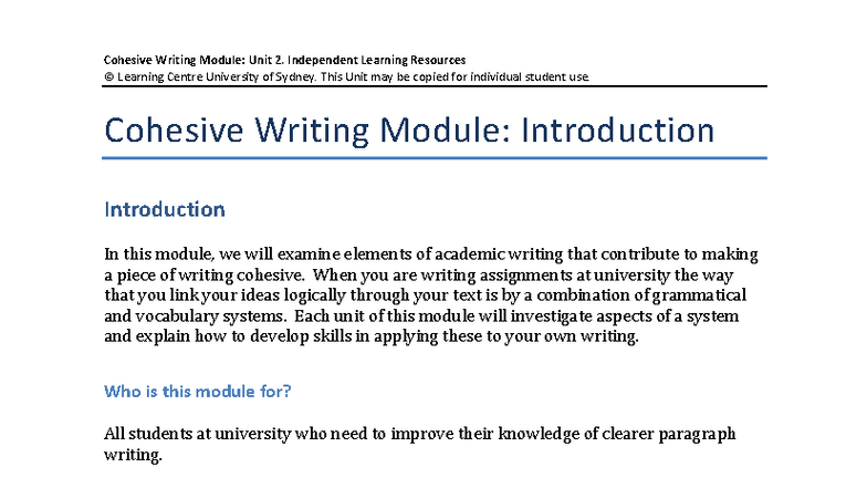 Cohesive Writing Module: Unit 2 - Linking Themes in Paragraphs - Studocu