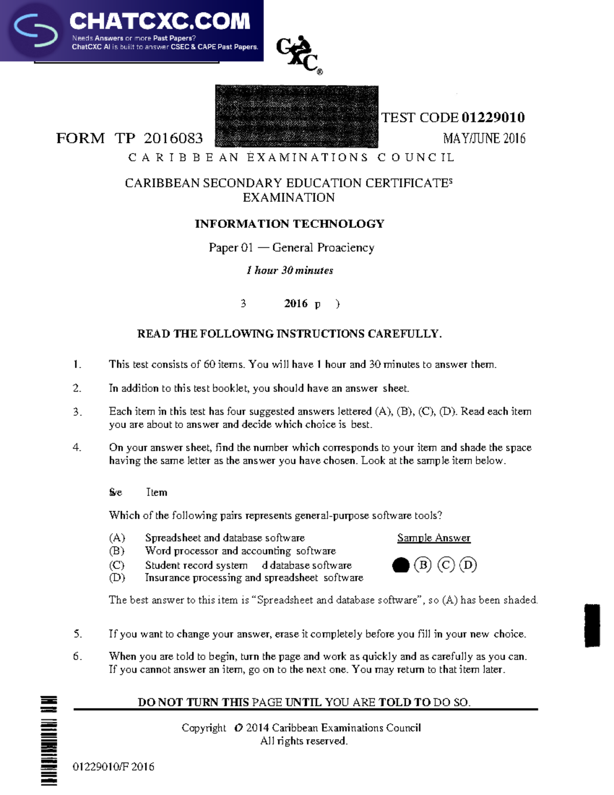 CSEC IT Paper 01 2016 Caribbean Examinations Guide - Studocu