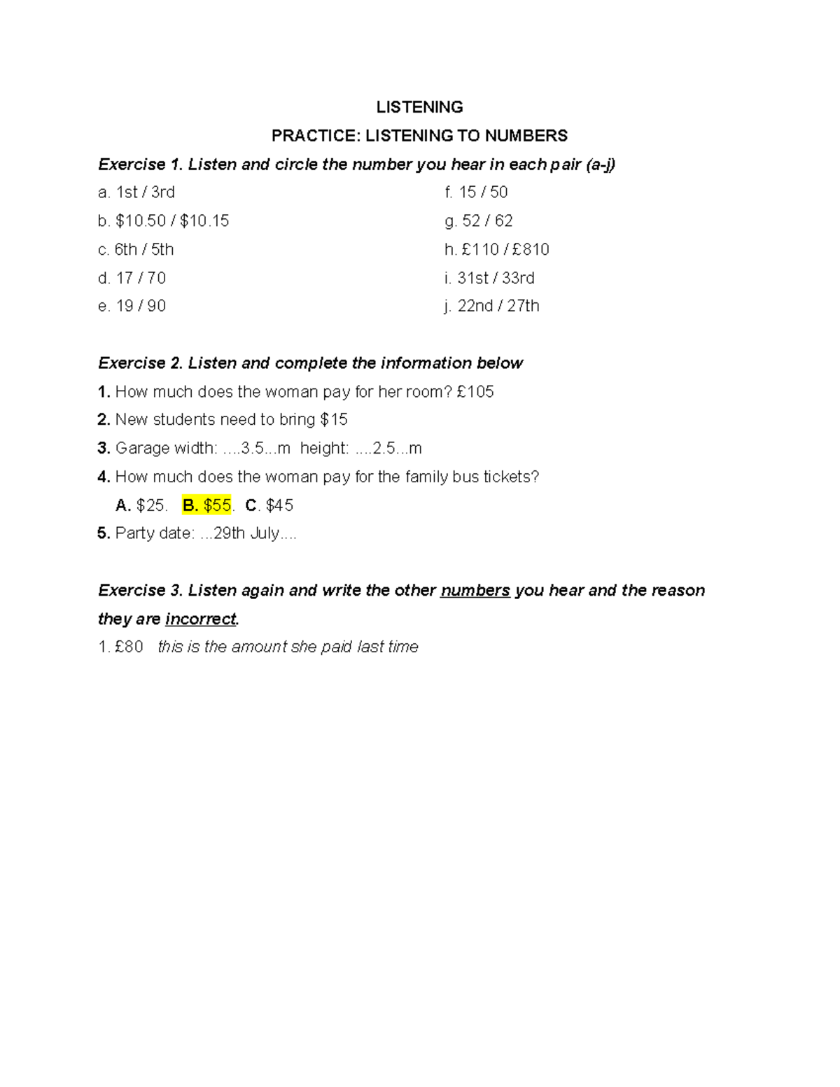 Lesson 4 - Listening Practice: Numbers & Exercises - Studocu