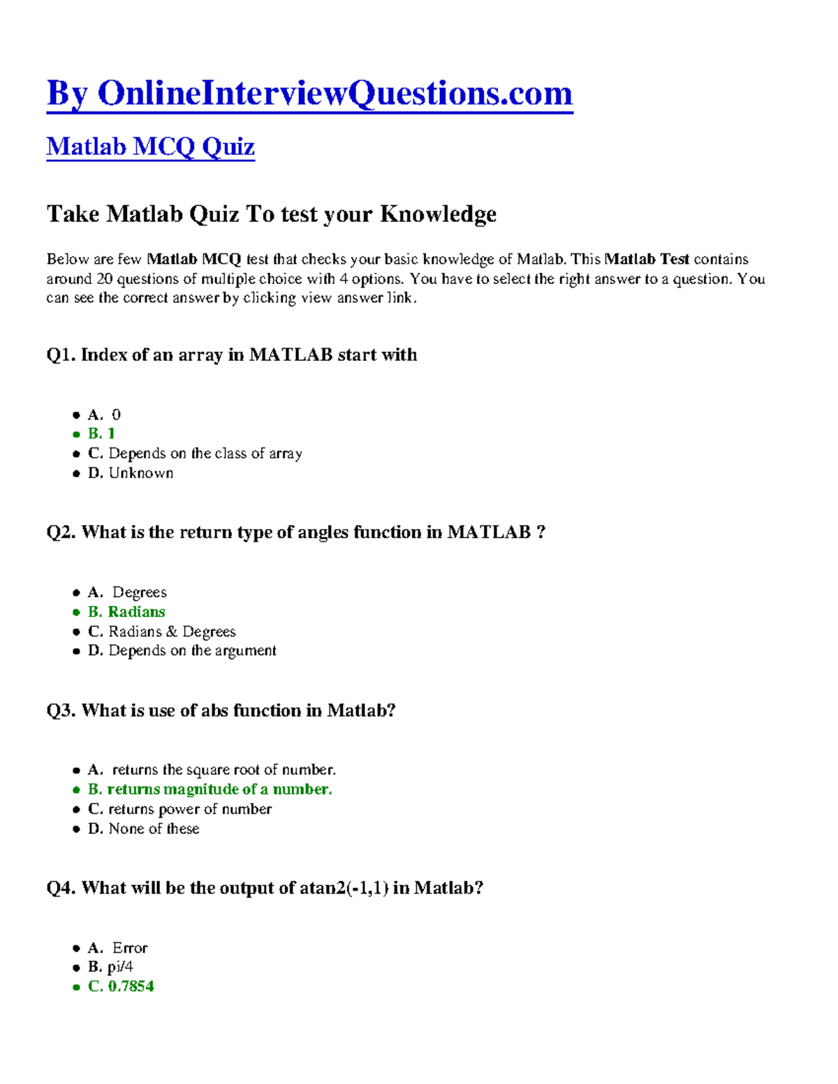 Matlab MCQ Quiz - Test Your Knowledge (MATLAB 101) - Studocu