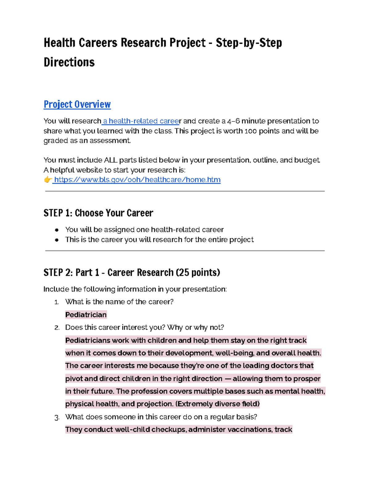 Health Careers Research Project Directions: Pediatrician Overview - Studocu