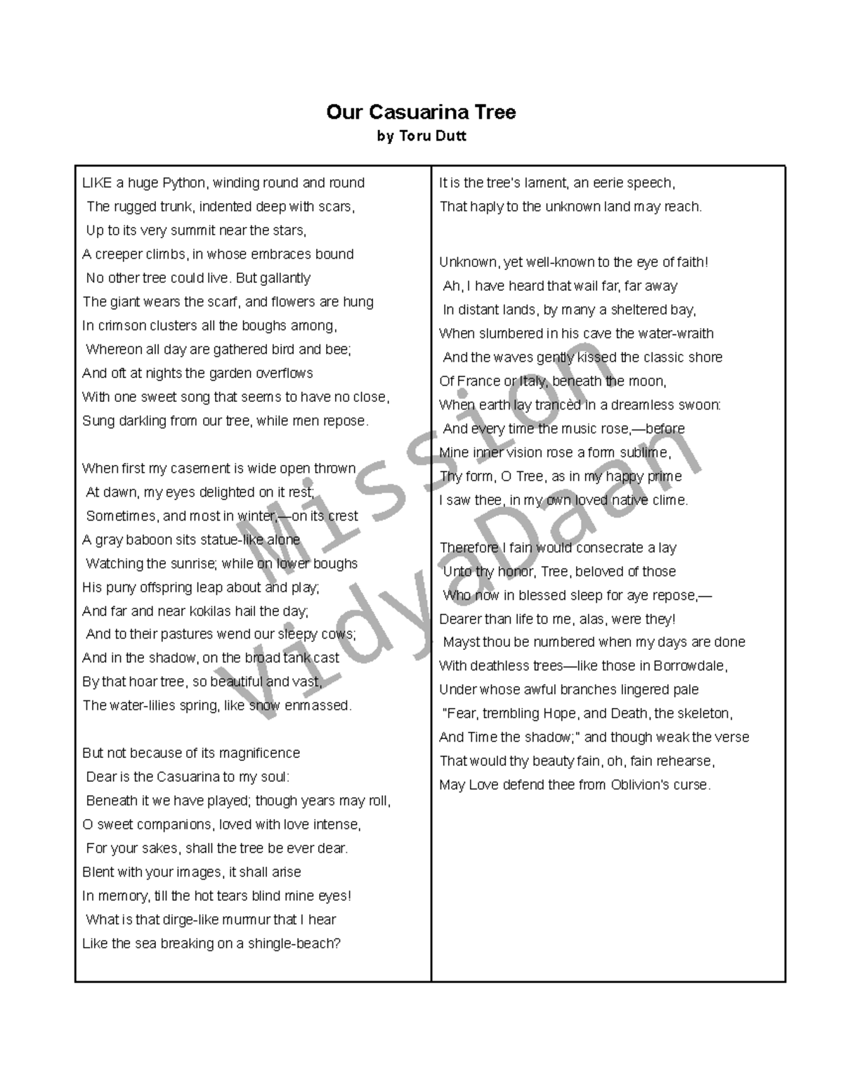 Analysis of "Our Casuarina Tree" by Toru Dutt - Studocu