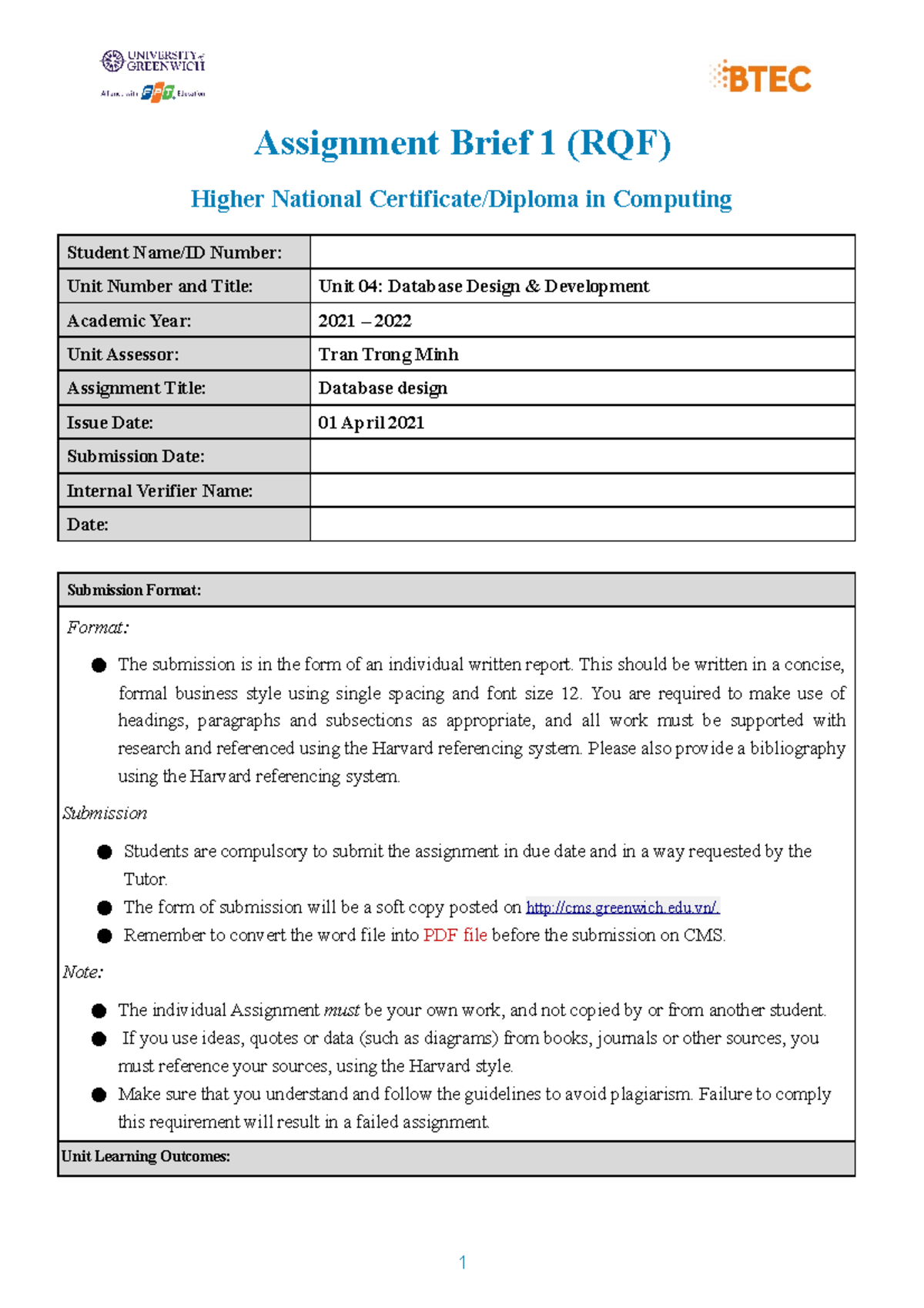 Unit 04: Database Design & Development - Assignment 1 Brief v2 - Studocu