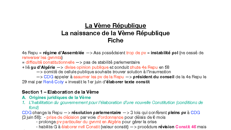 Fiche 1: La Naissance de la Vème République - Analyse et Origines - Studocu