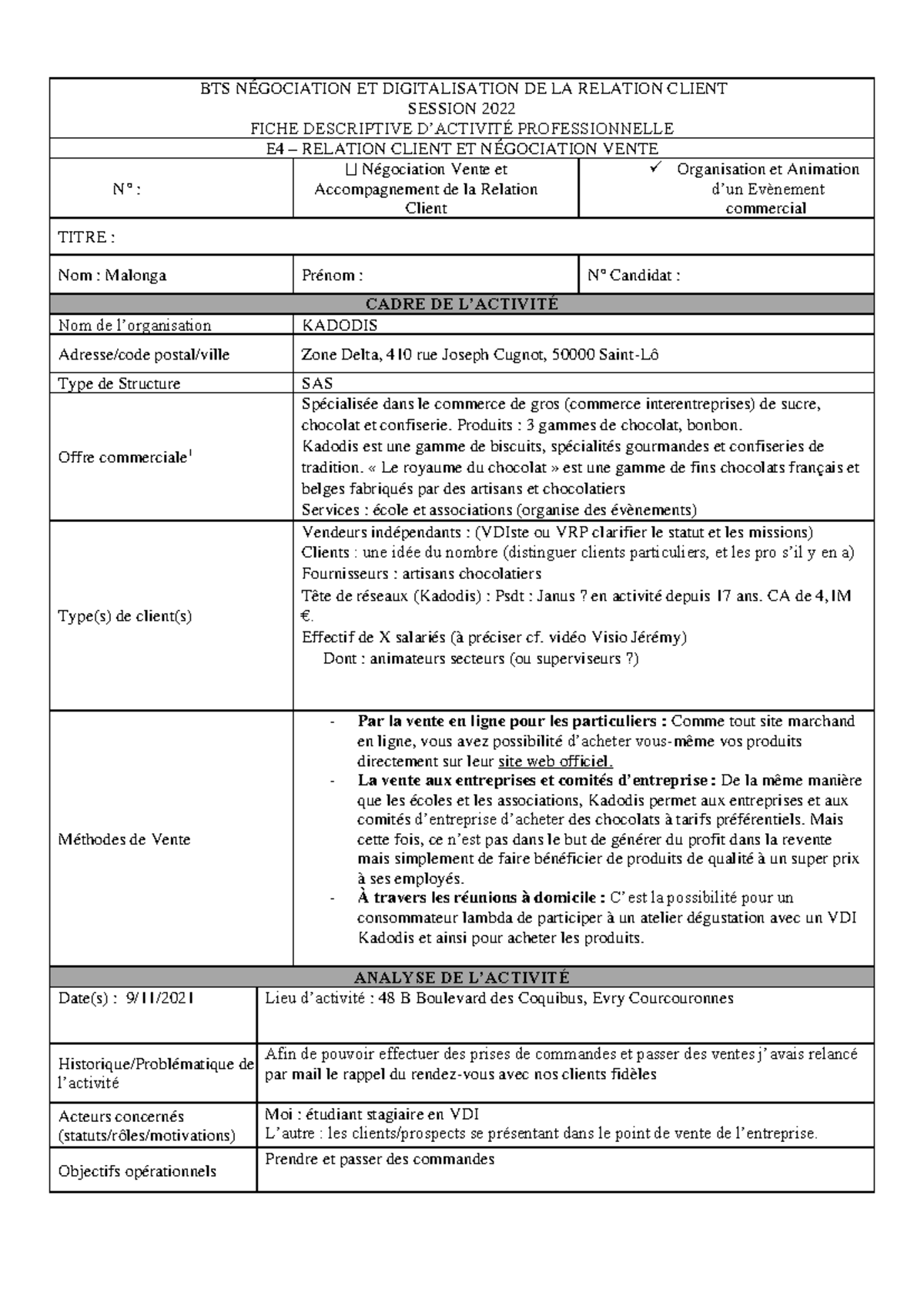 Fiche E4 Relation Client et Négociation Vente - Kadodis 2022 - Studocu