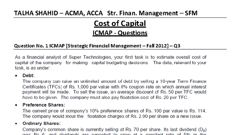 ACCA SFM Cost of Capital ICMAP Exam Questions - Feb 2020 - Studocu