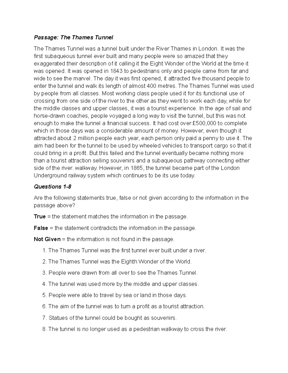 TFNG Extra - Reading Comprehension Exercise on Historical Passages ...