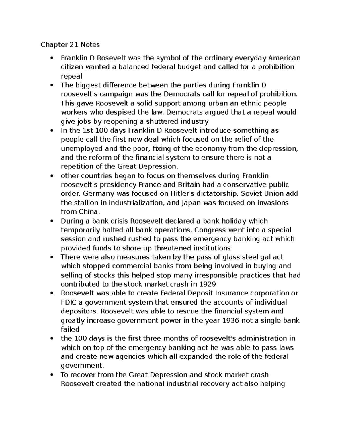 Chapter 21 Study Notes - Franklin D. Roosevelt's New Deal Strategies ...