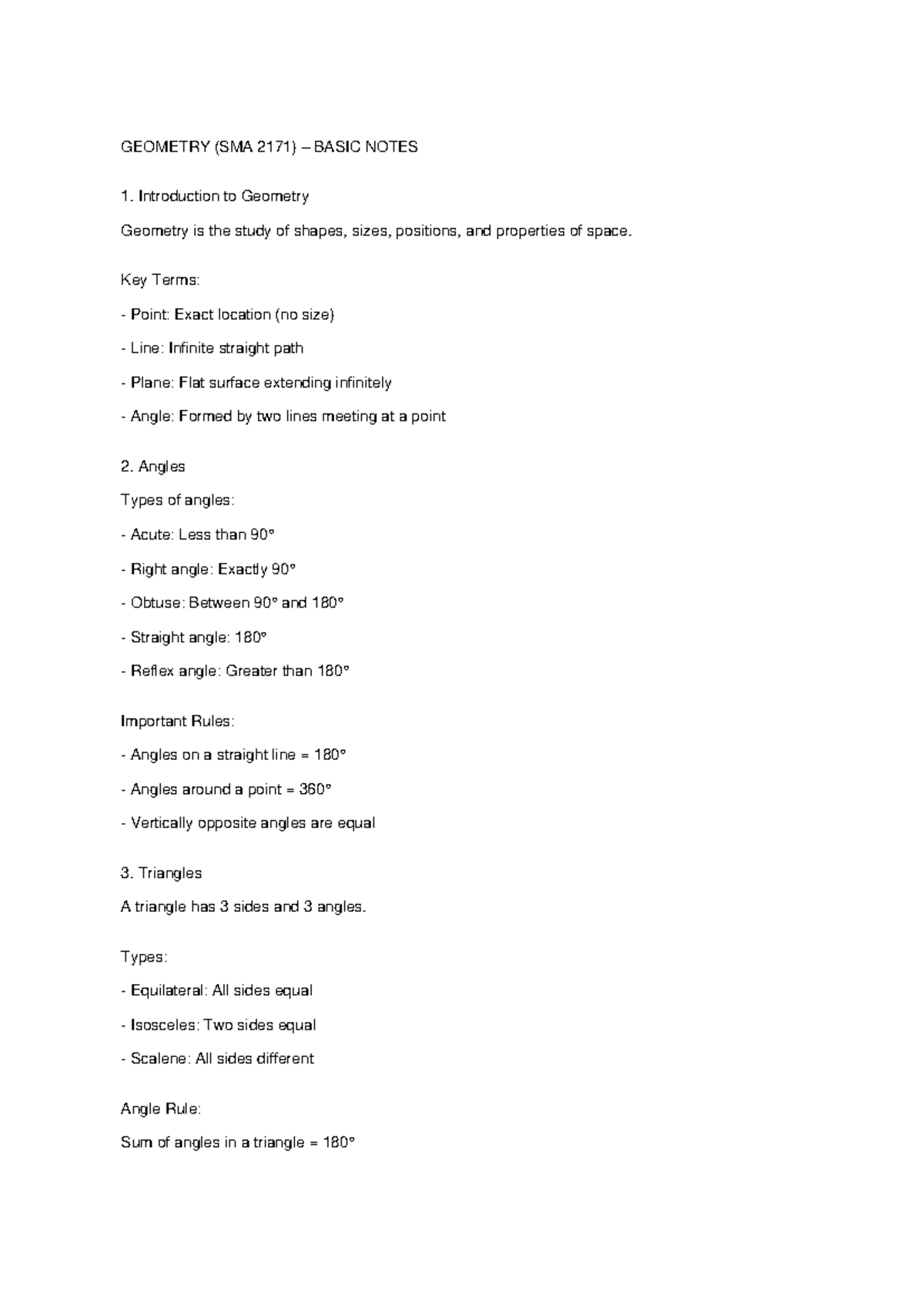 Geometry Notes for SMA 2171: Introduction to Shapes and Angles - Studocu