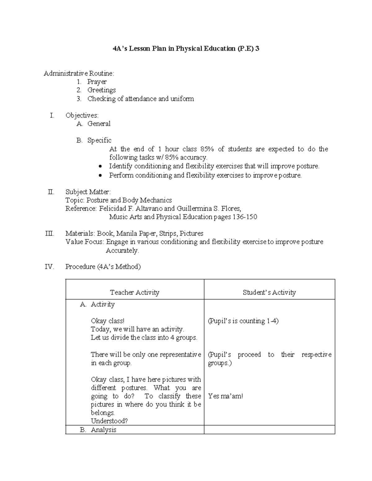 Lesson Plan in P.E. 3: Posture & Body Mechanics Activities - Studocu