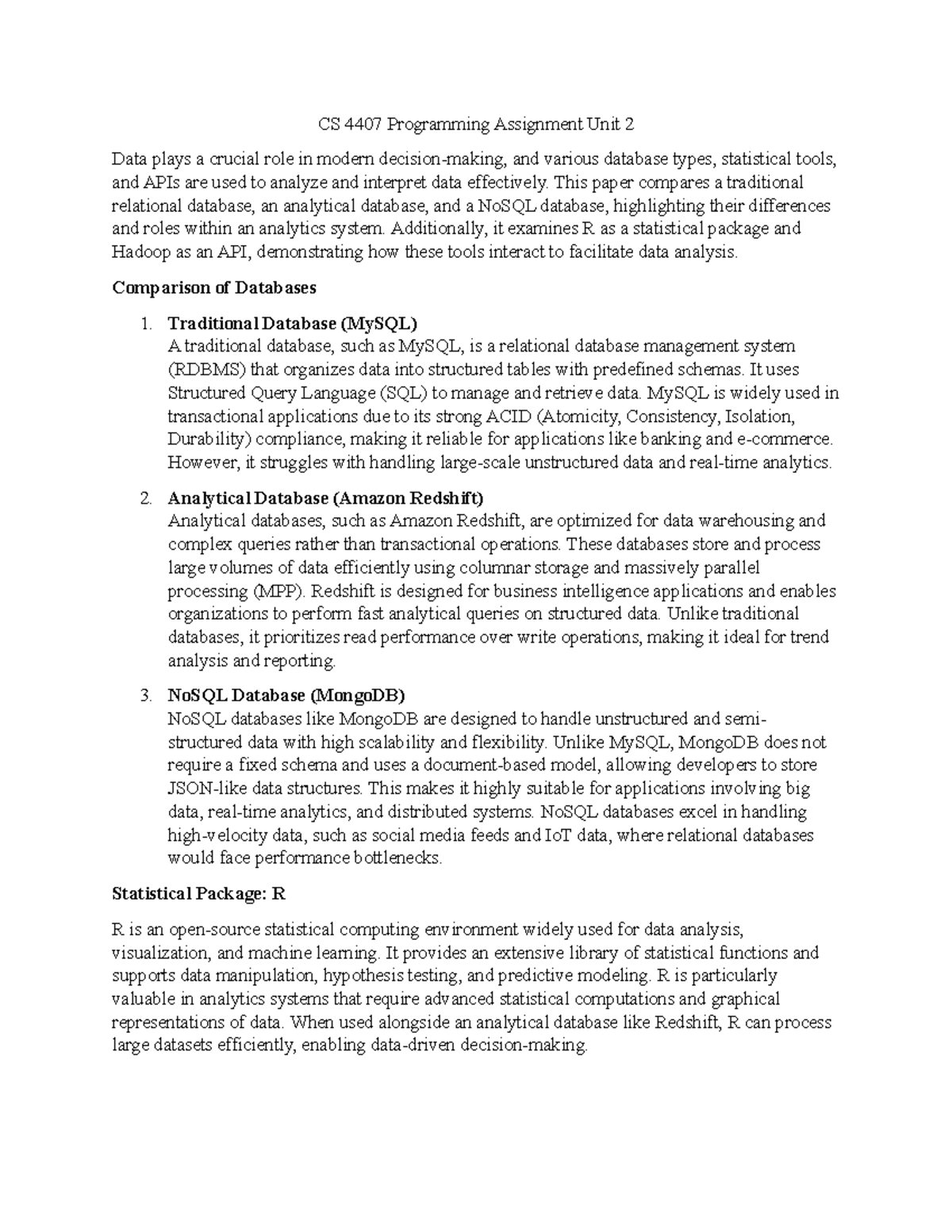 CS 4407 Programming Assignment 2: Database Comparison & Analysis - Studocu