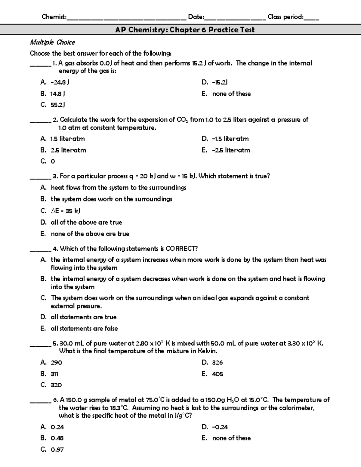AP Chemistry: Chapter 6 Practice Test Questions and Answers - Studocu