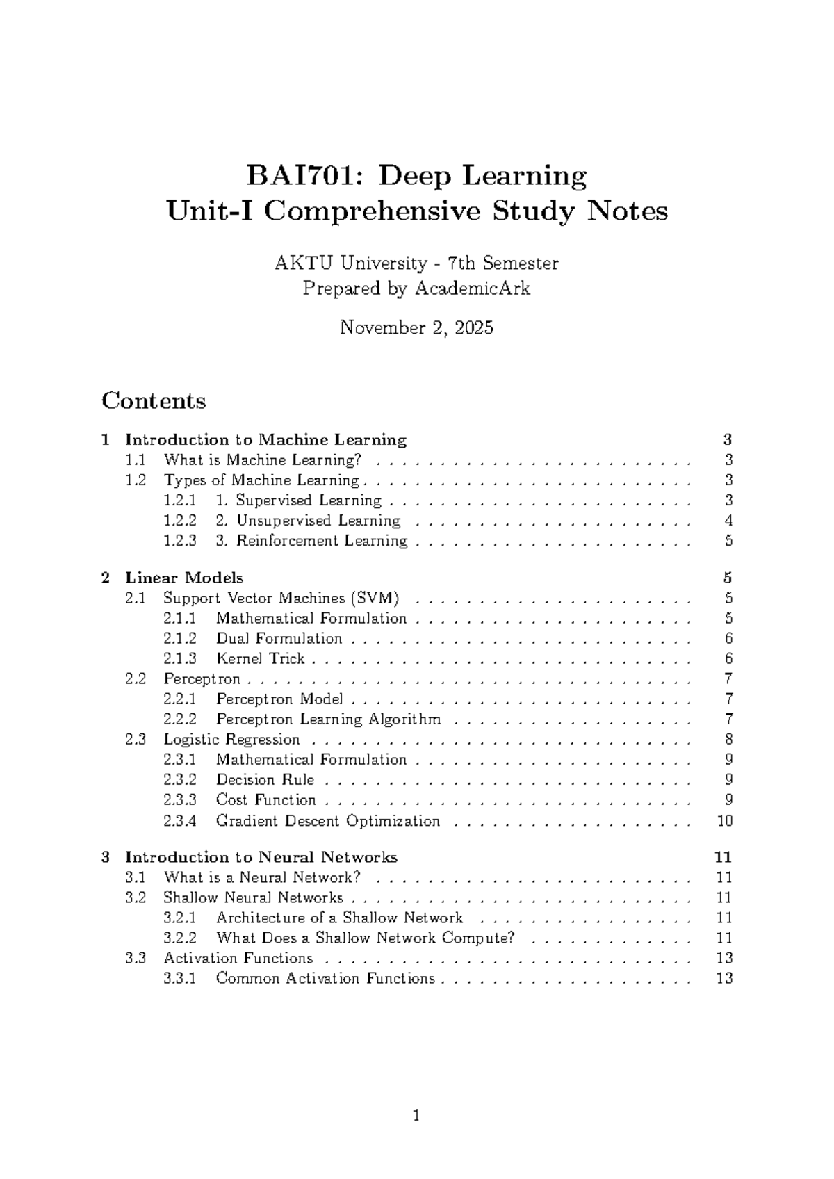 BAI701: Deep Learning Unit 1 Study Notes for AKTU 7th Sem - Studocu