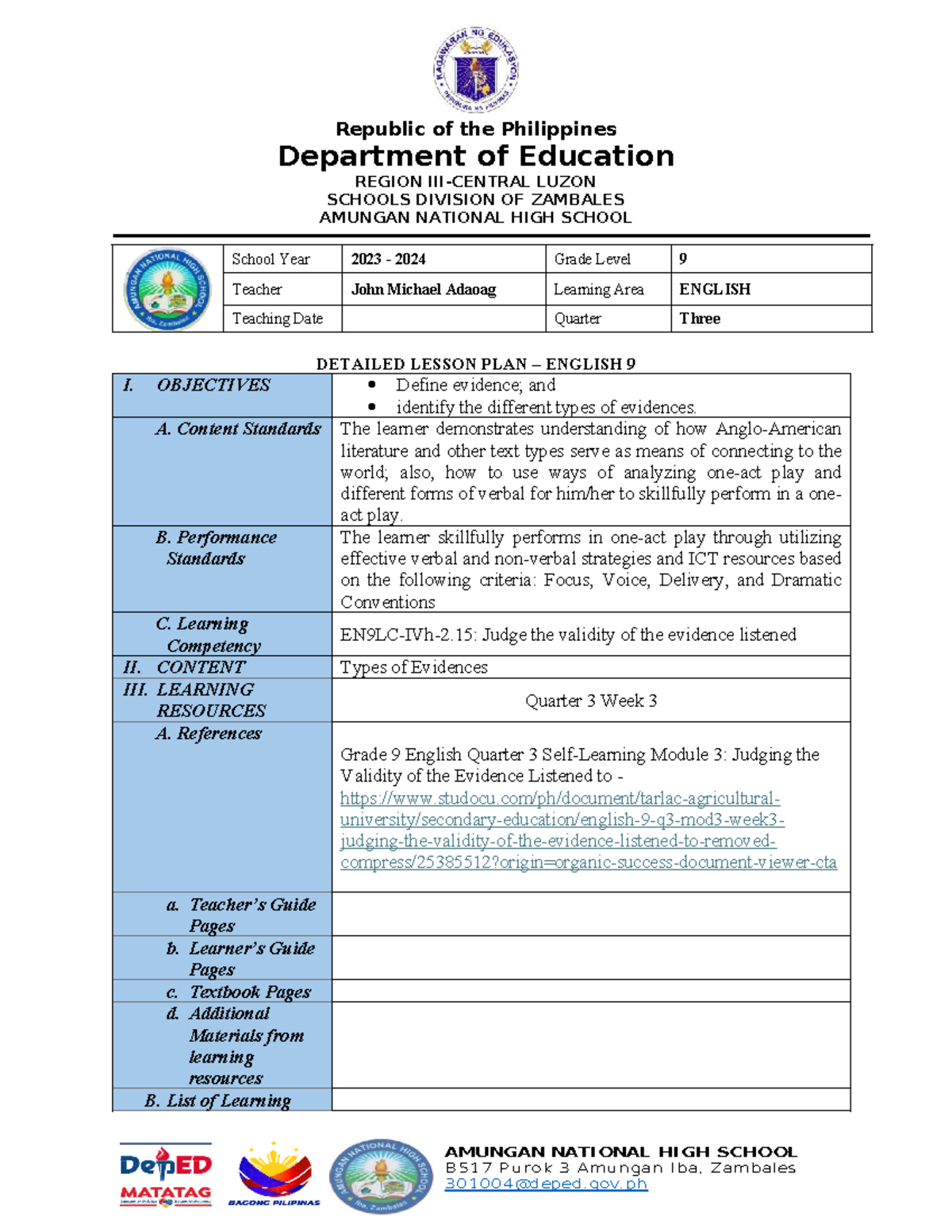 ENGLISH 9 Quarter 3 Lesson Plan: Types of Evidence and Analysis - Studocu