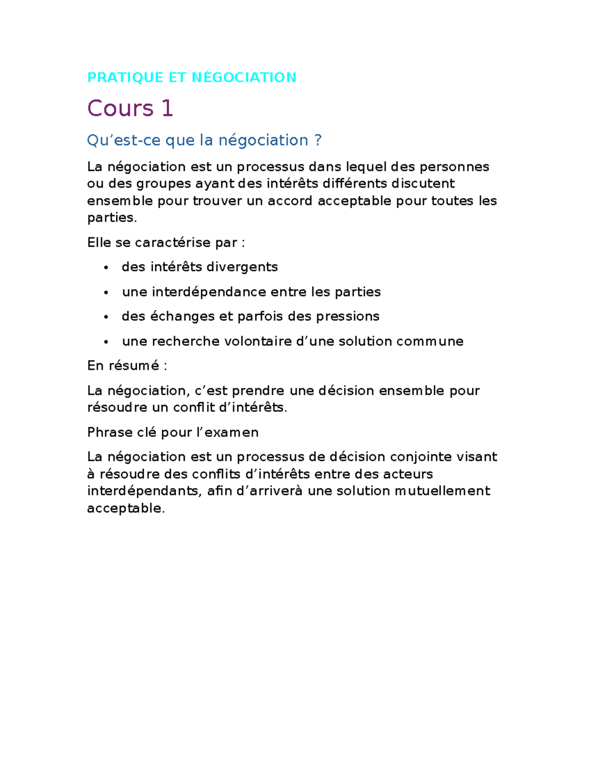 PRATIQUE ET NÉGOCIATION Cours 1 & 2 : Guide de Révision Complet - Studocu