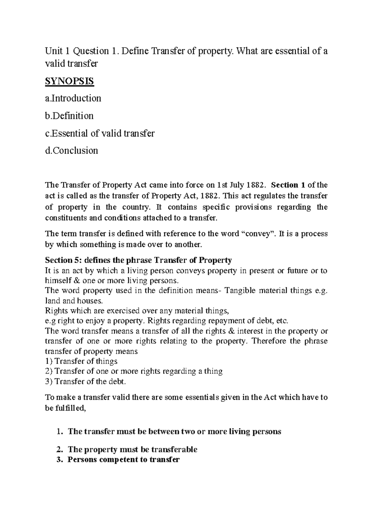 Unit 1: Understanding Transfer of Property Essentials and Validity ...