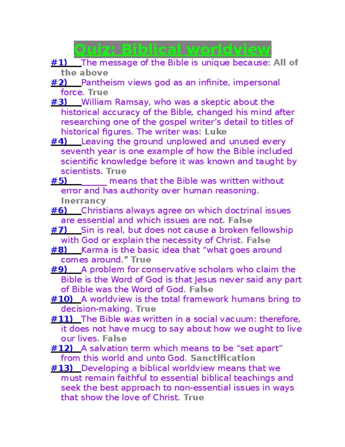 Biblical Worldview Quiz: Key Concepts & Doctrinal Insights - Studocu