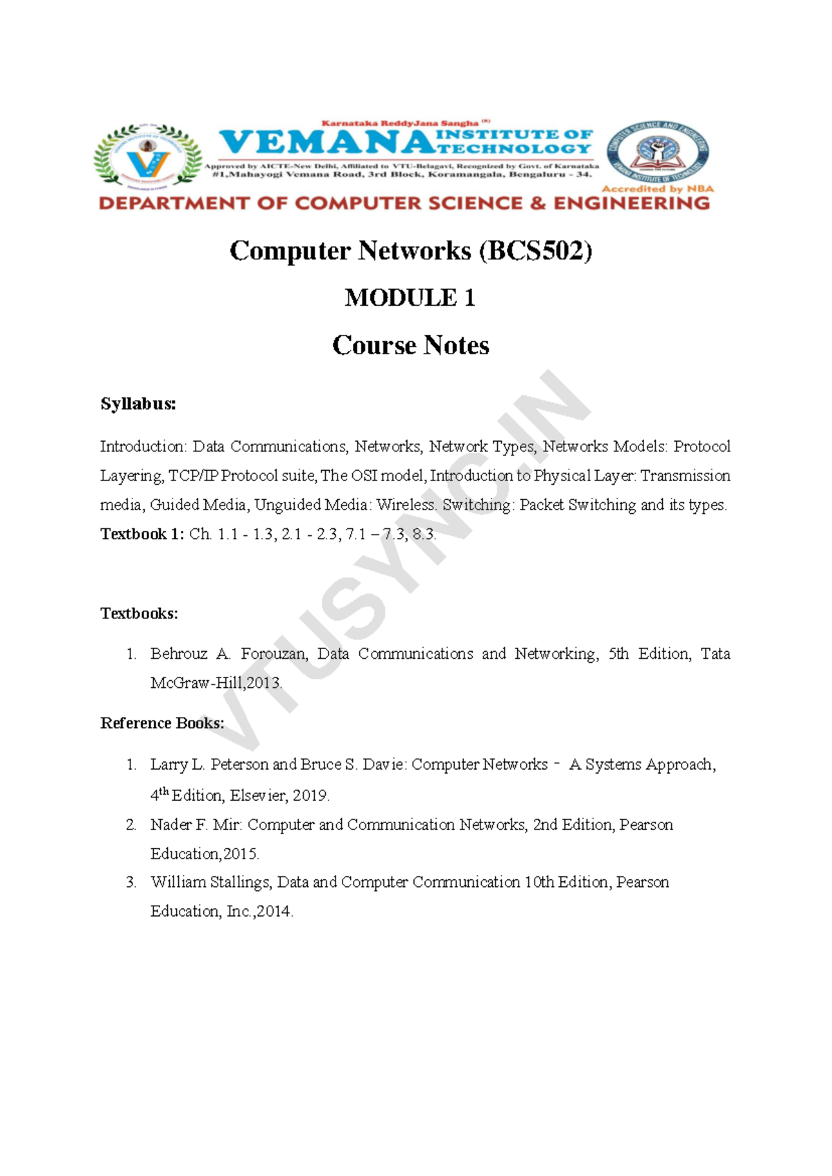 Computer Networks (BCS502) Module 1: Data Flow and TCP Notes - Studocu