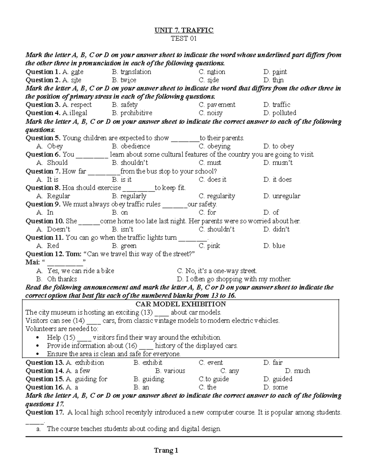 UNIT 7. TRAFFIC TEST 01 & 02 - Practice Questions and Answers - Studocu