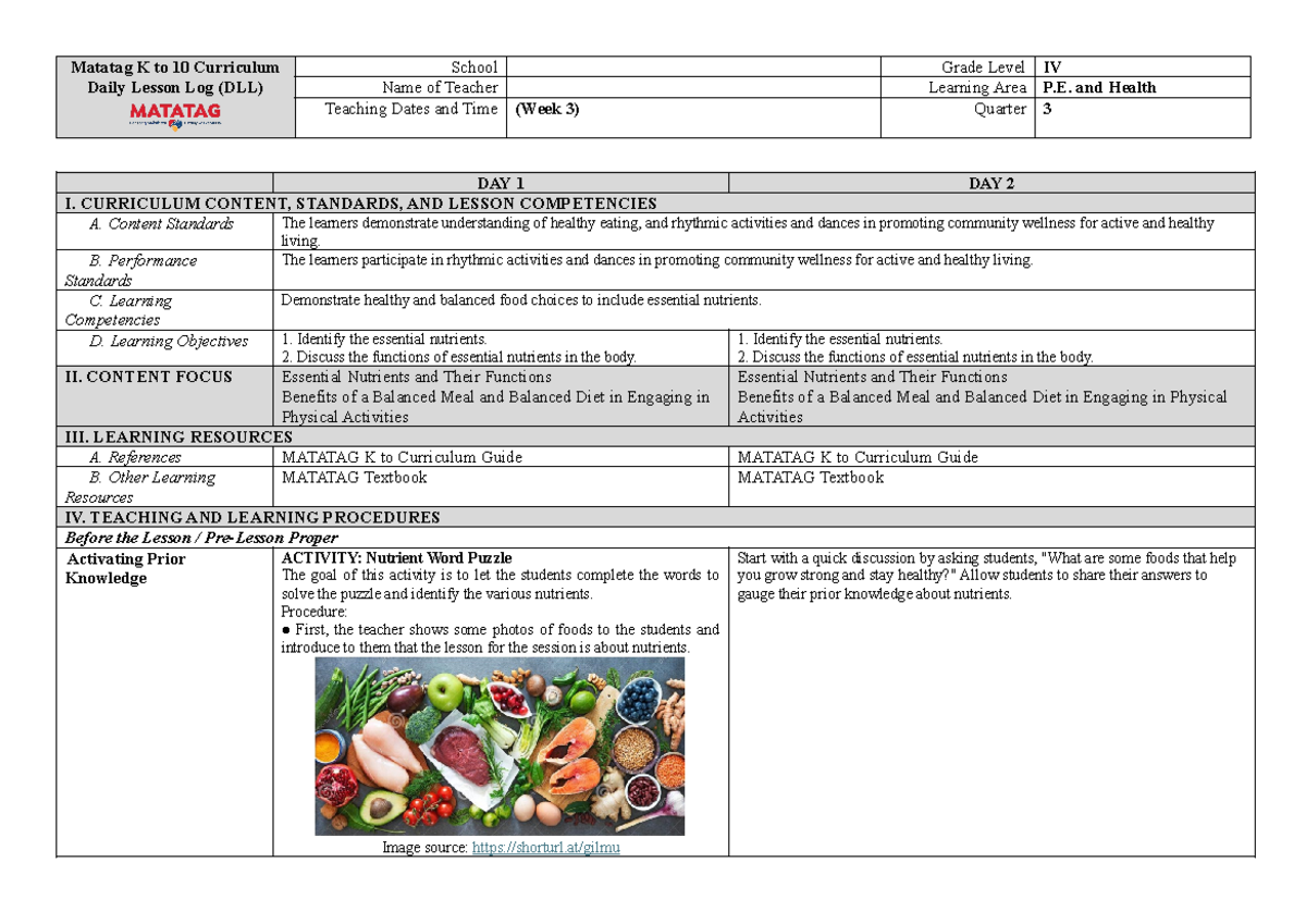 Q3-PE & Health WEEK 3-DLL - Matatag K to 10 Curriculum Daily Lesson Log ...