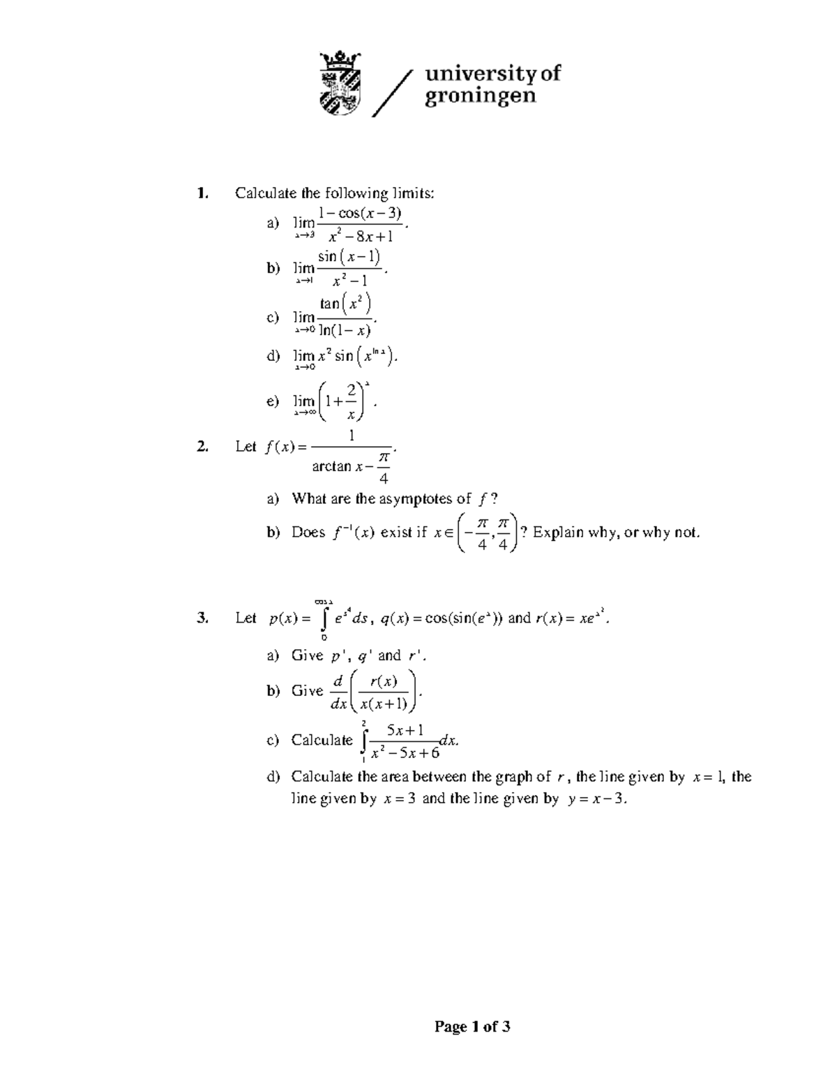 Practice Exam Instructions and Problems for Calculus 1 - Studeersnel