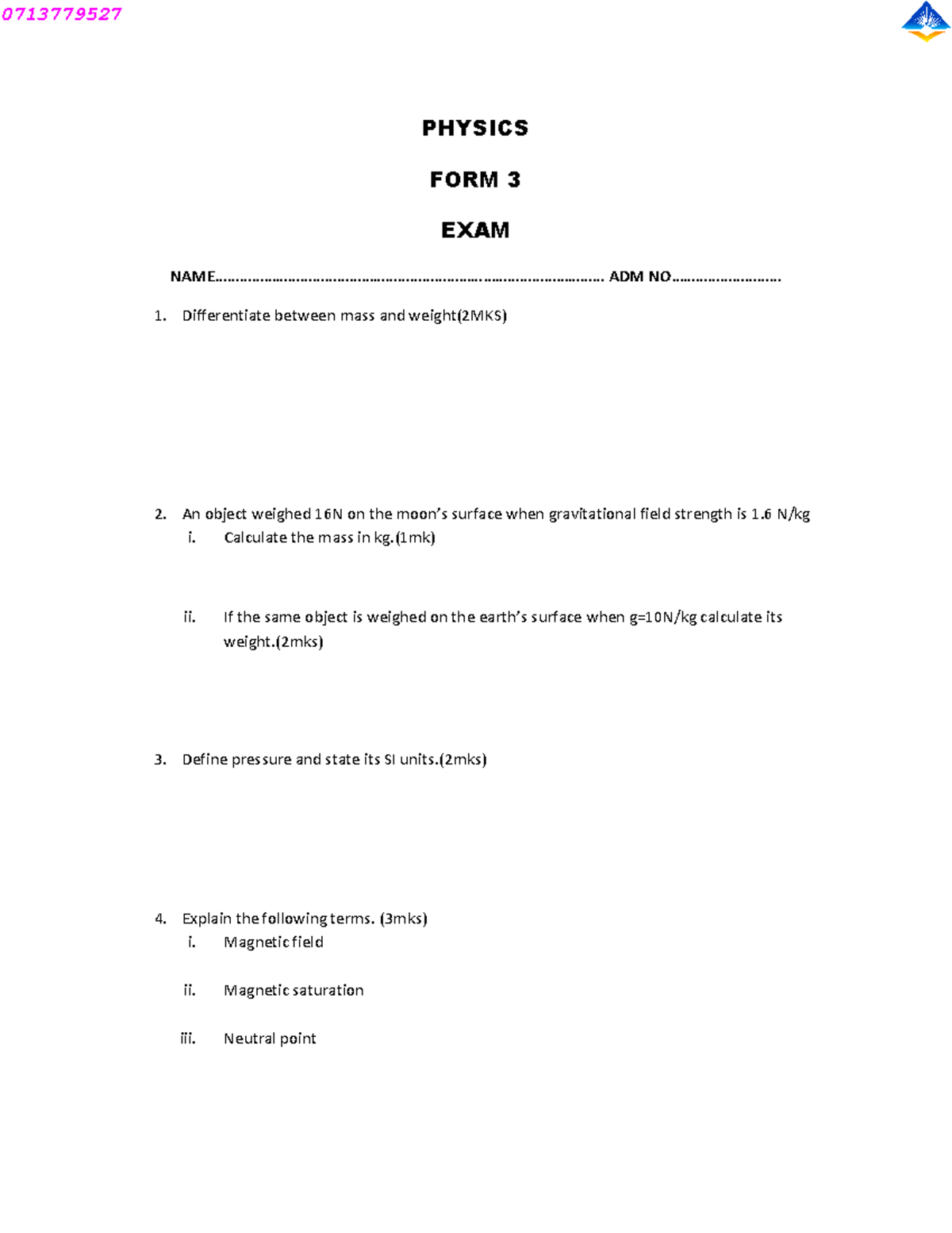 Physics F3 QS - simple, understanding paper - PHYSICS FORM 3 EXAM - Studocu