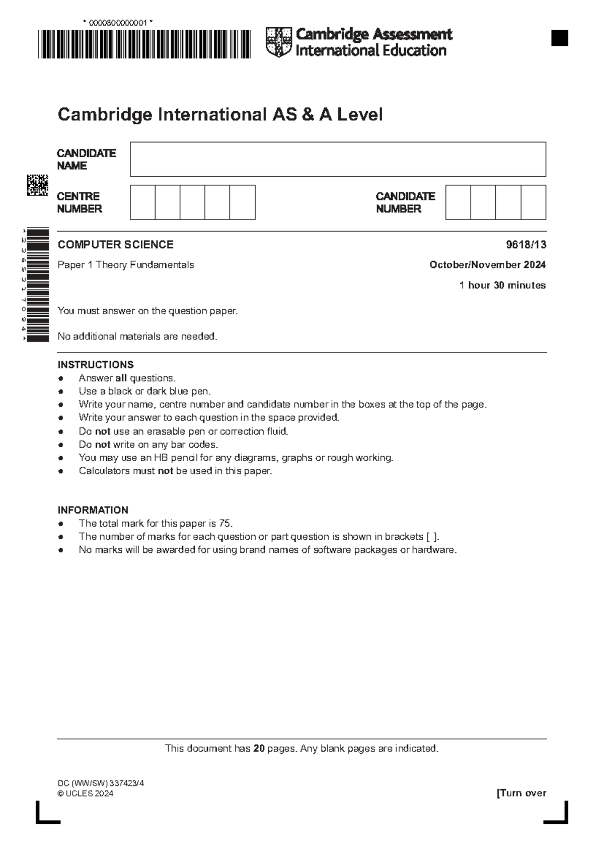 Cambridge International AS A Level 2024 Computer Science Paper 1 Theory ...