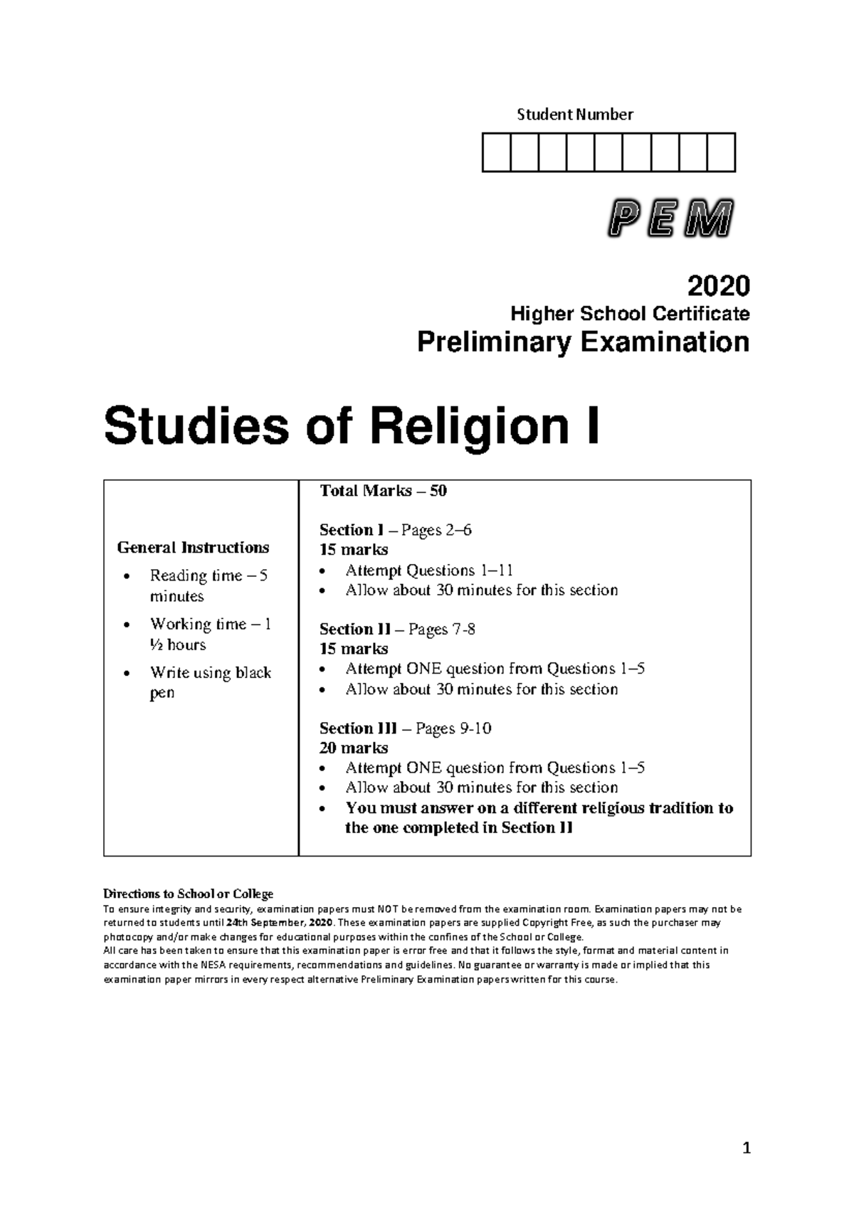 Prlim SOR1 Paper (PEM) - Student Number 2020 Higher School Certificate ...