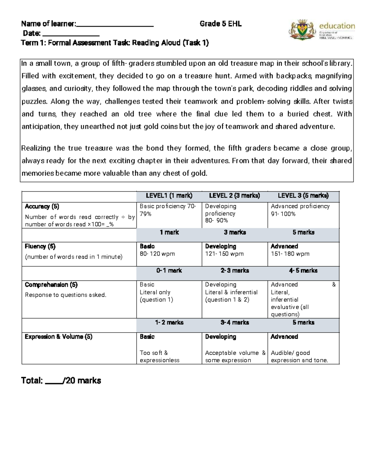 Grade 5 EHL Term 1: Reading Aloud Task 1 - Oral Assessment 2025 - Studocu