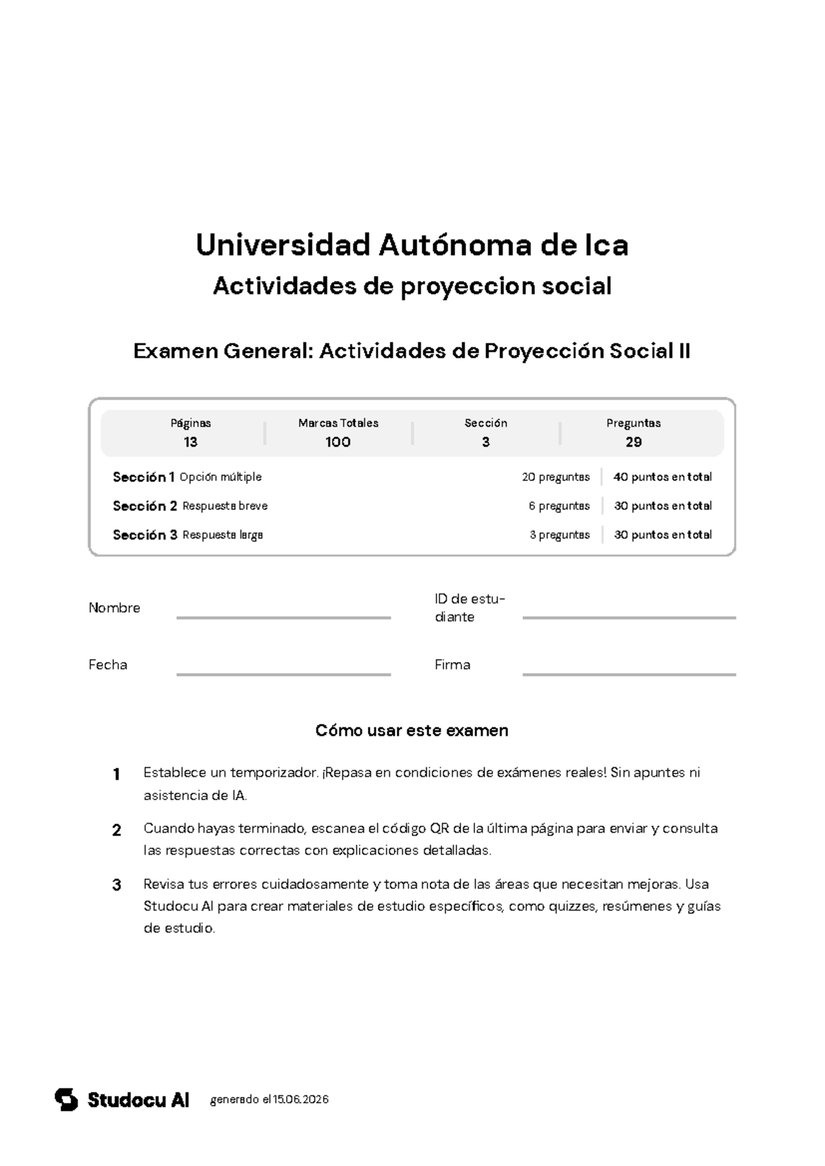 Examen General: Actividades de Proyección Social II - Studocu