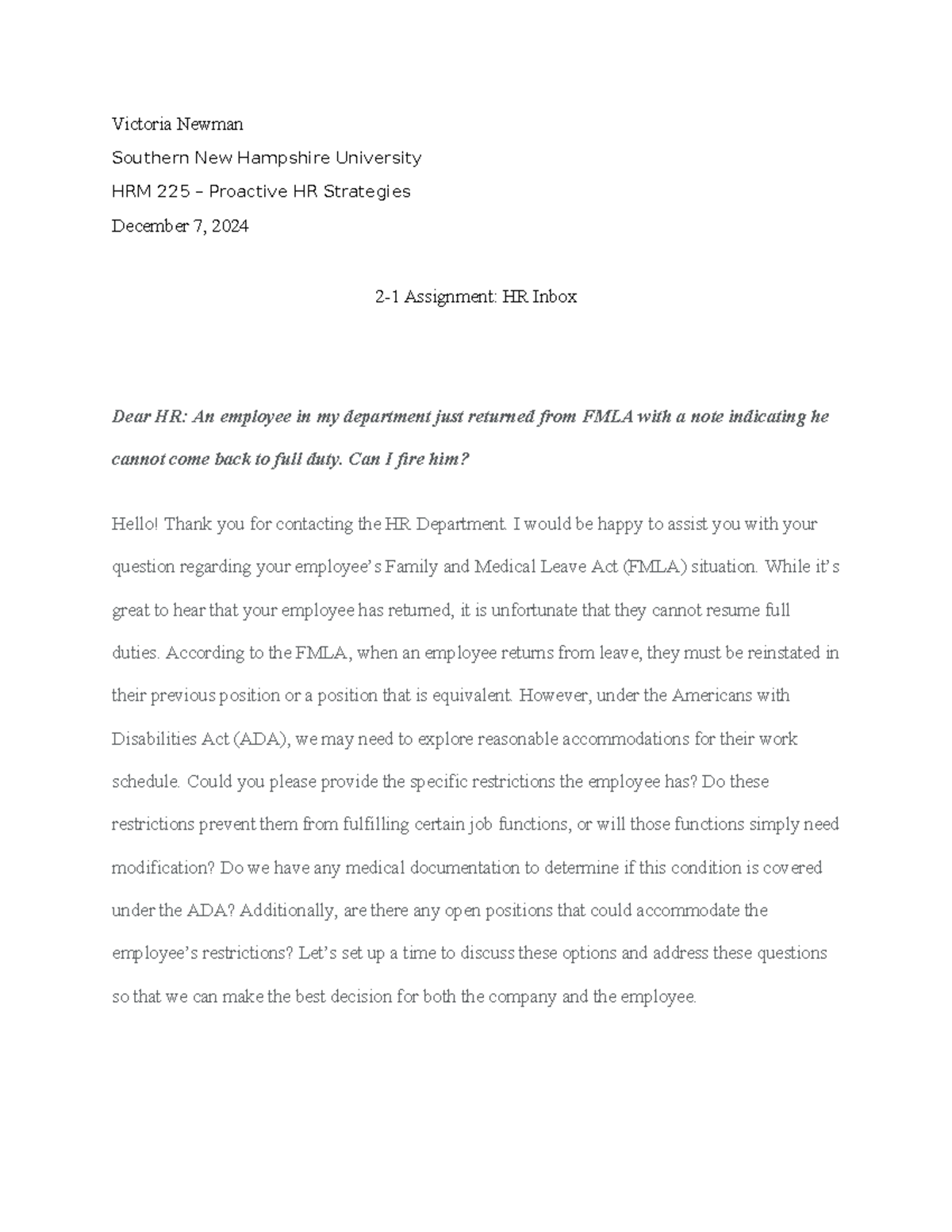 HRM 225 2-1 Assignment: Clarifying HR Inbox Queries and Policies - Studocu