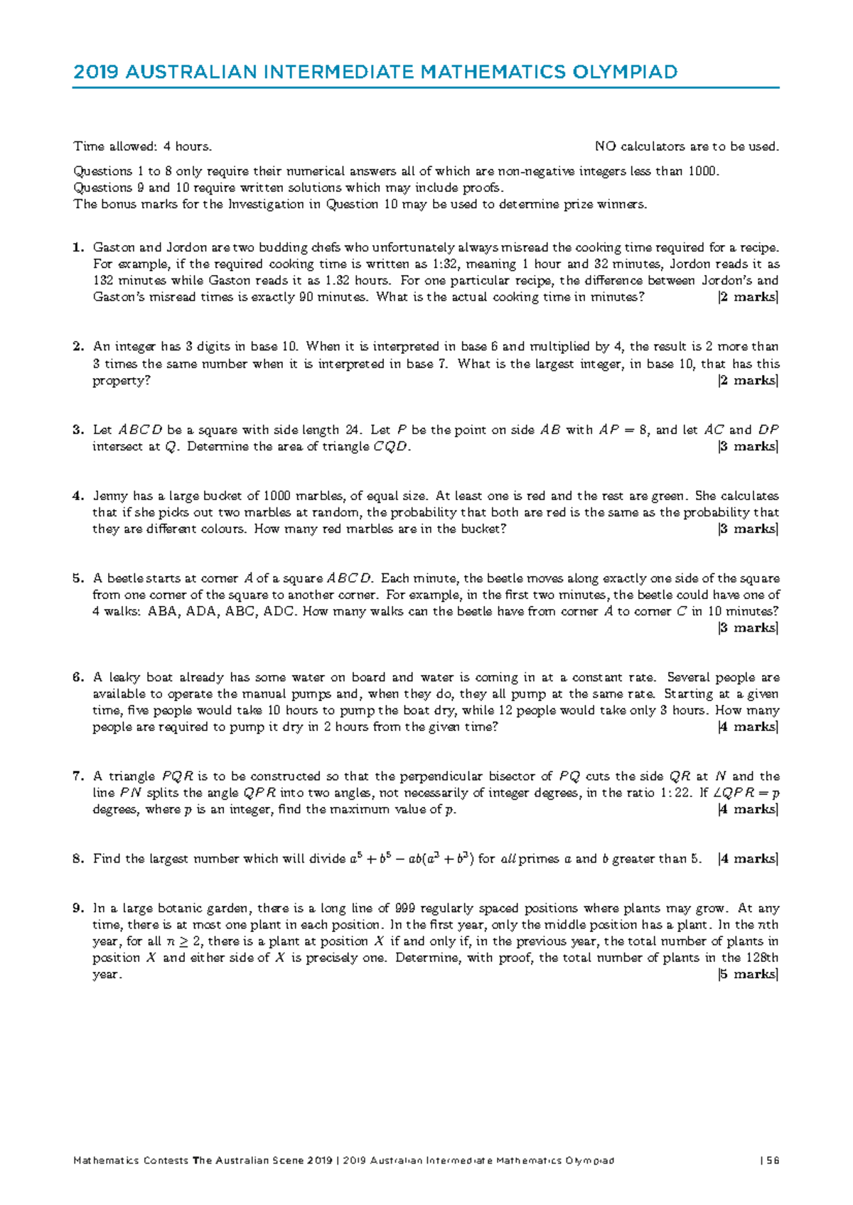 2019 AIMO - Australian Intermediate Mathematics Olympiad Questions ...