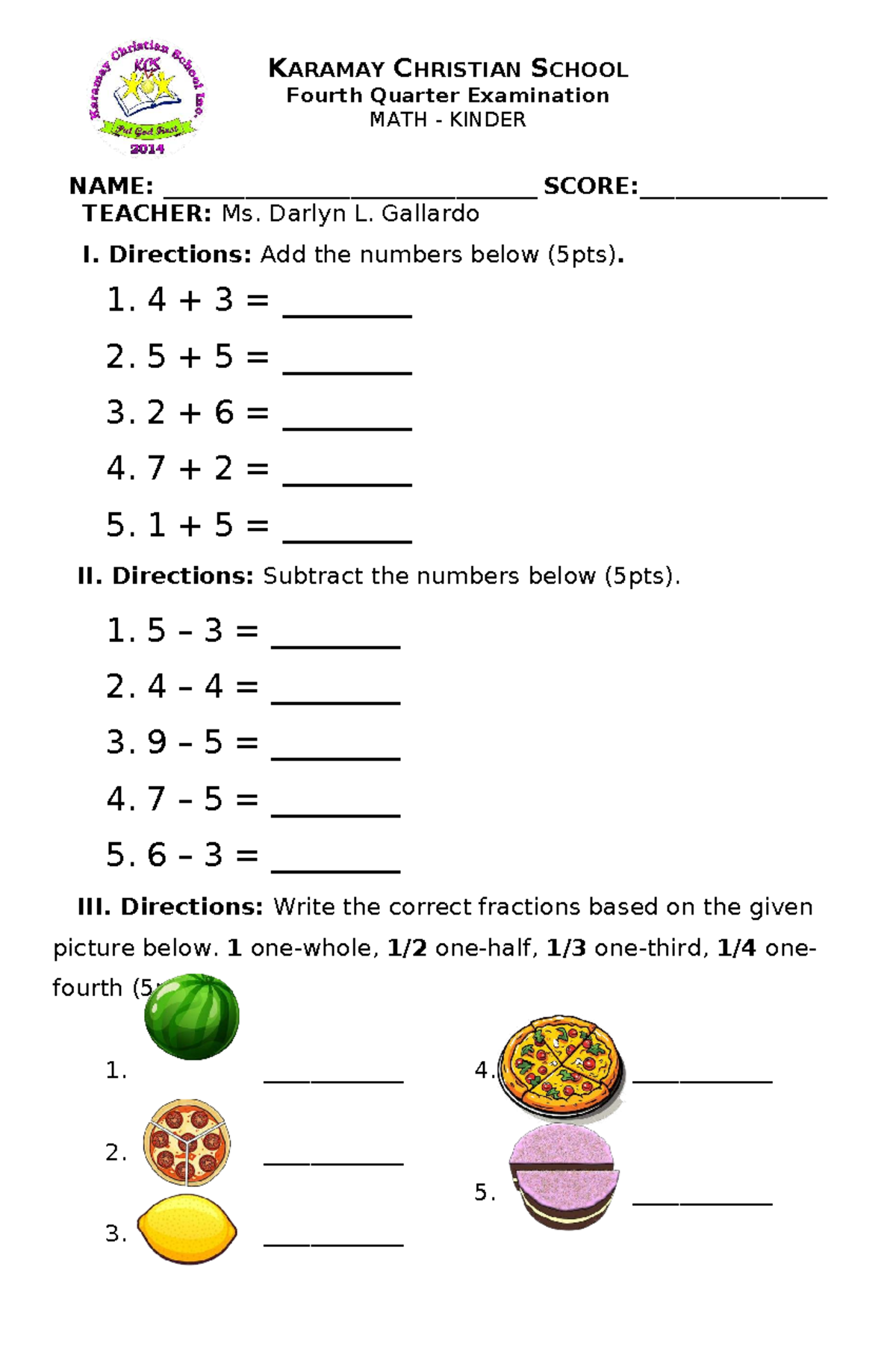 4TH QUARTER EXAMINATION MATH & C.L.E. FOR KINDER - Studocu