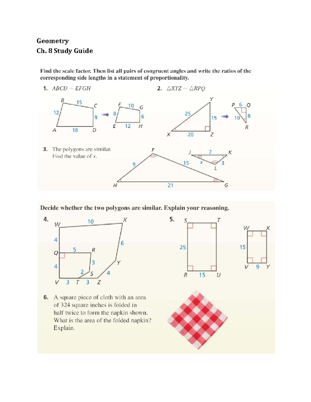 Honors Geometry Ch. 8 Study Guide: Similarity & Proportionality - Studocu