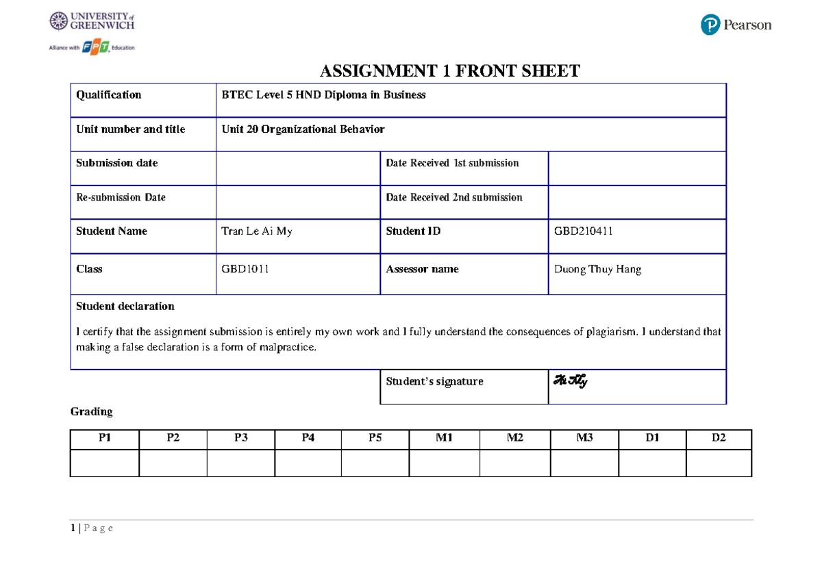 BTEC Level 5 HND Business - Unit 20 Org Behavior Assignment 1 - Studocu