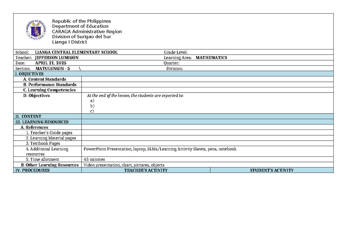 5Es Lesson Plan for Grade 4 Mathematics - LIANGA CENTRAL E.S. - Studocu
