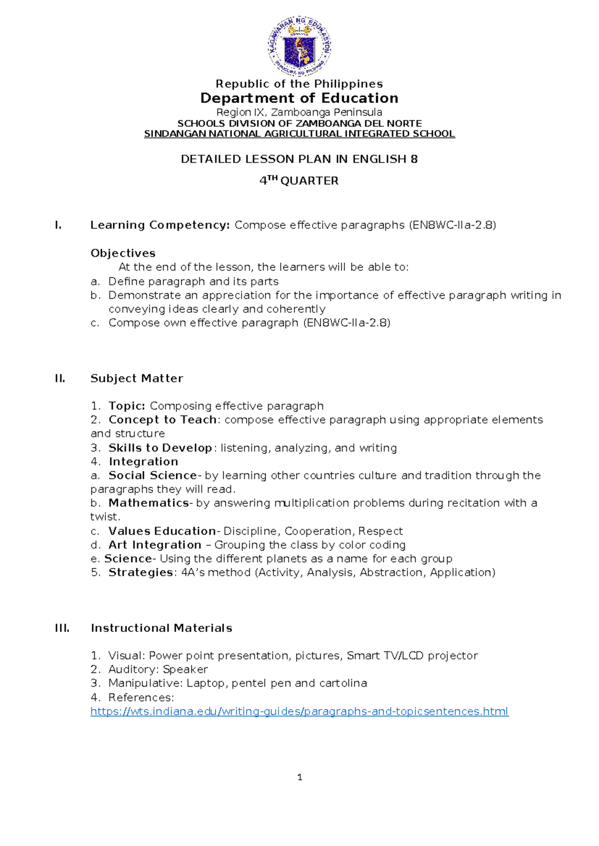 Detailed Lesson Plan in English 8: Composing Effective Paragraphs - Studocu