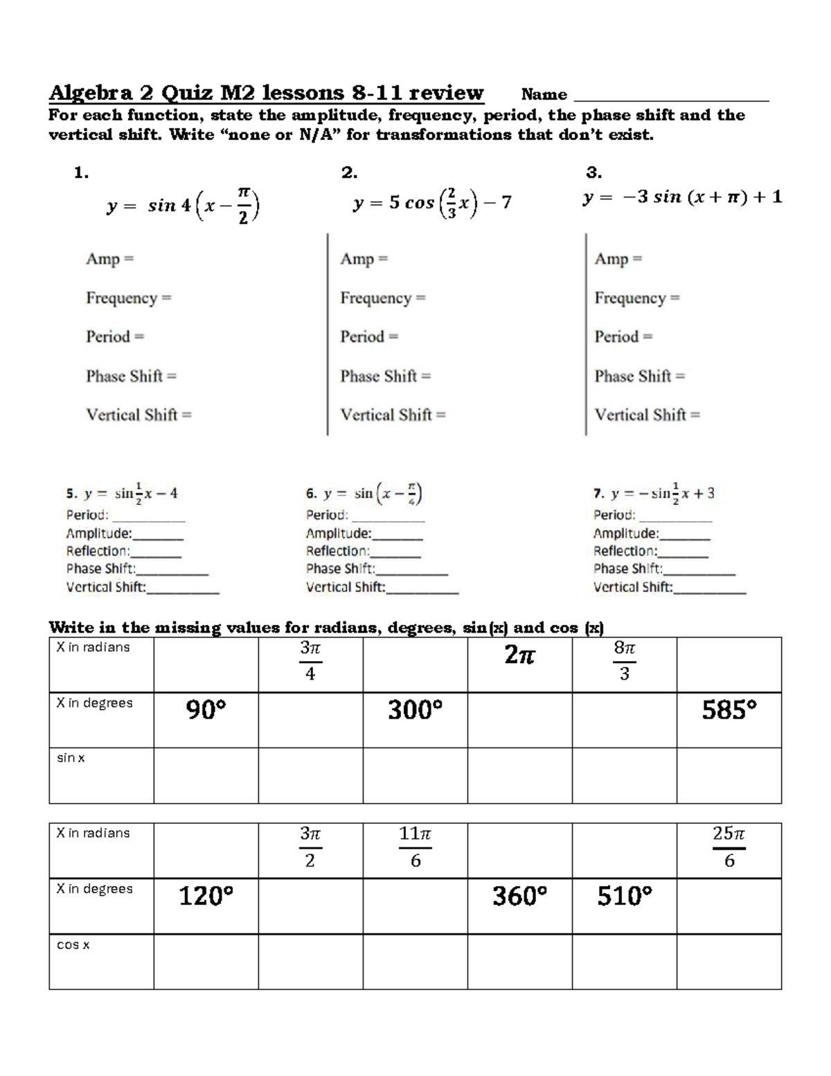 Algebra 2 Quiz M2 lessons 8 - 11 review feb 2025 - Algebra 2 Quiz M2 ...
