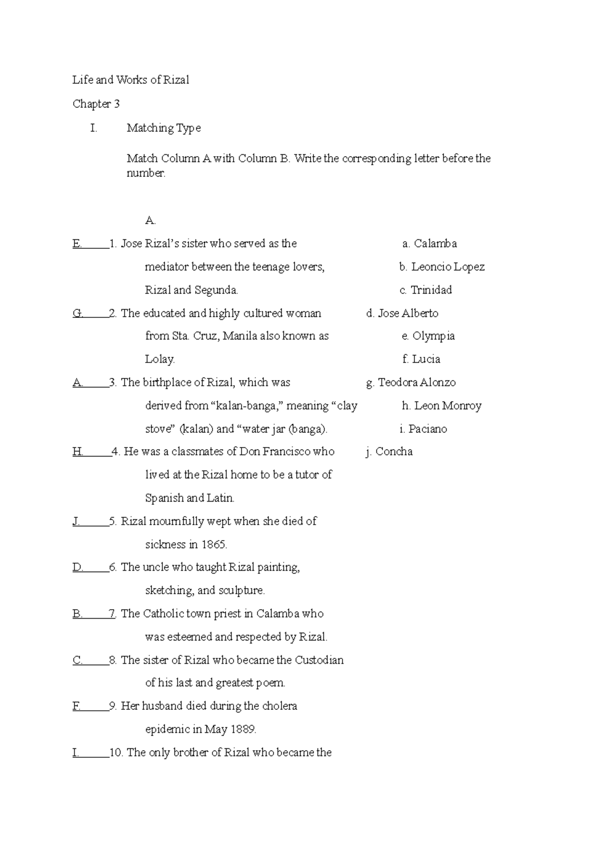 Life and Works of Rizal Chapter-3 - Matching Type Match Column A with ...