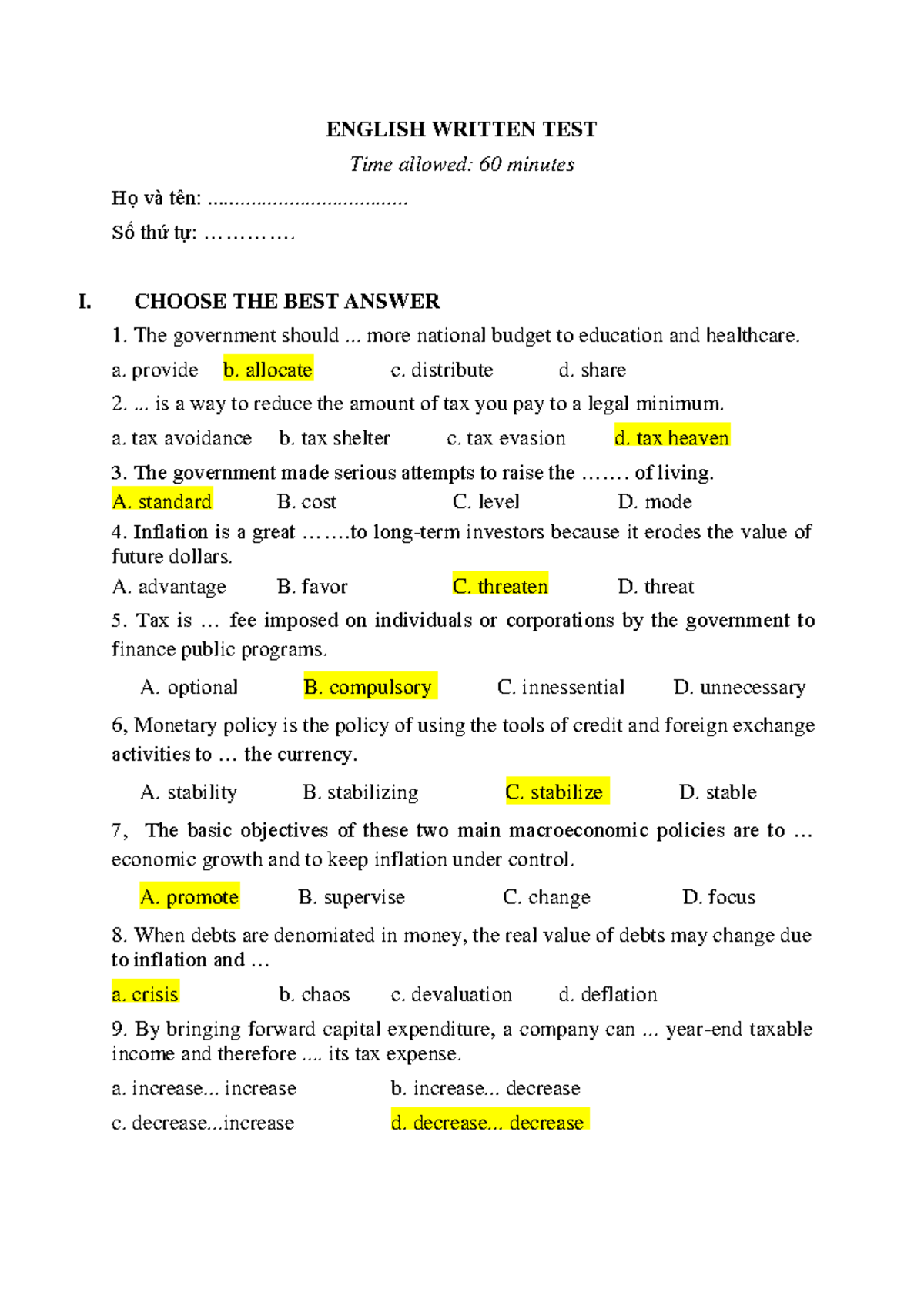 ENGLISH WRITTEN TEST - Final Exam (60 mins) - Studocu