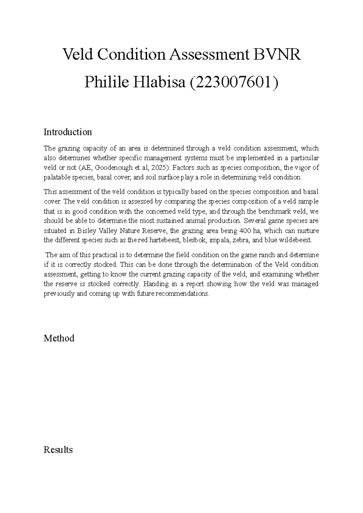 BIOL223 part 2 - practical report - Veld Condition Assessment BVNR ...