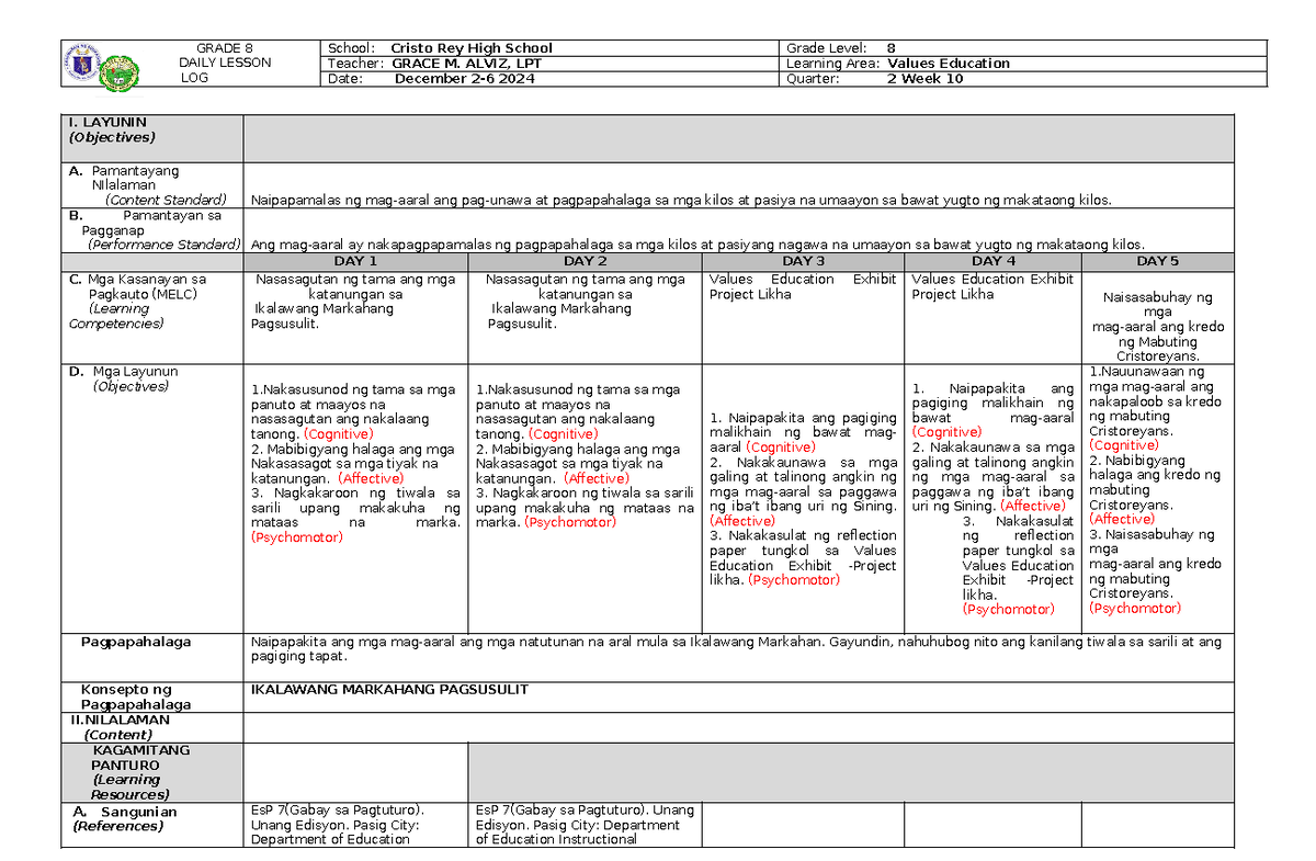 DLL-Q2W10-SY-24-25 - tle dll - GRADE 8 DAILY LESSON LOG School: Cristo ...