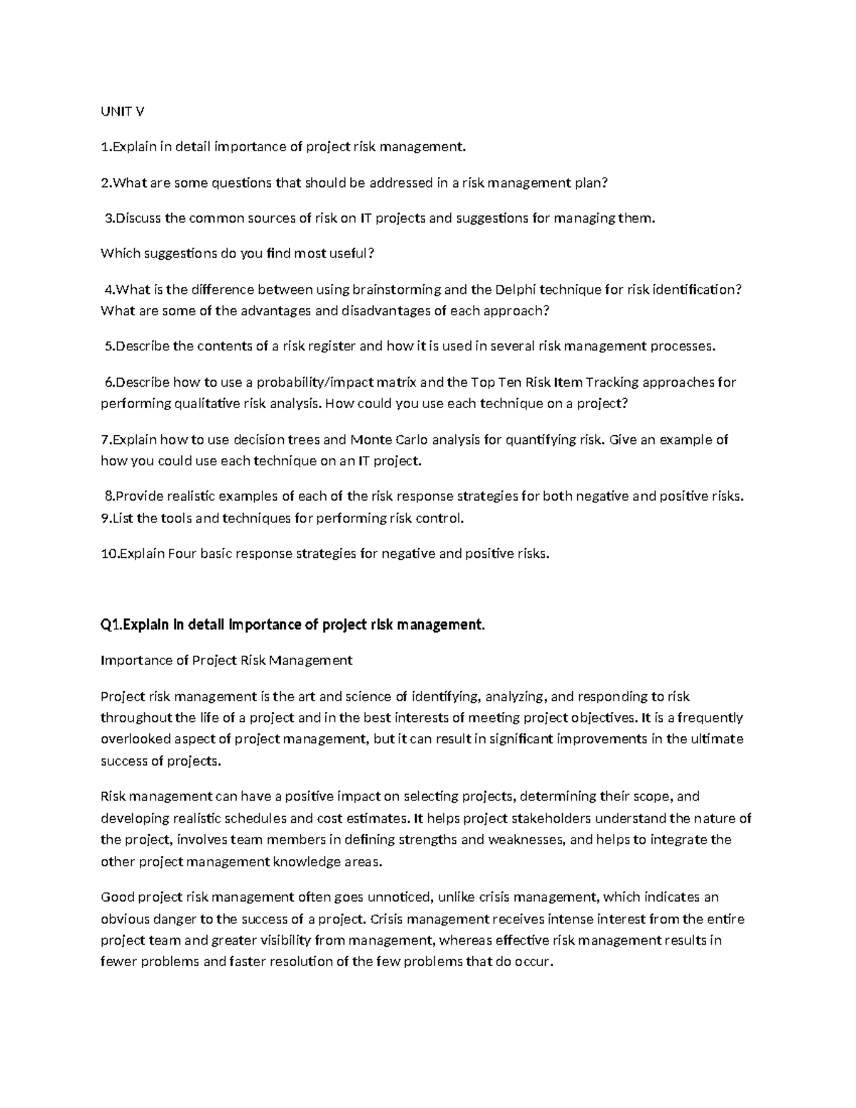 UNIT V - Importance of Project Risk Management and Techniques - Studocu