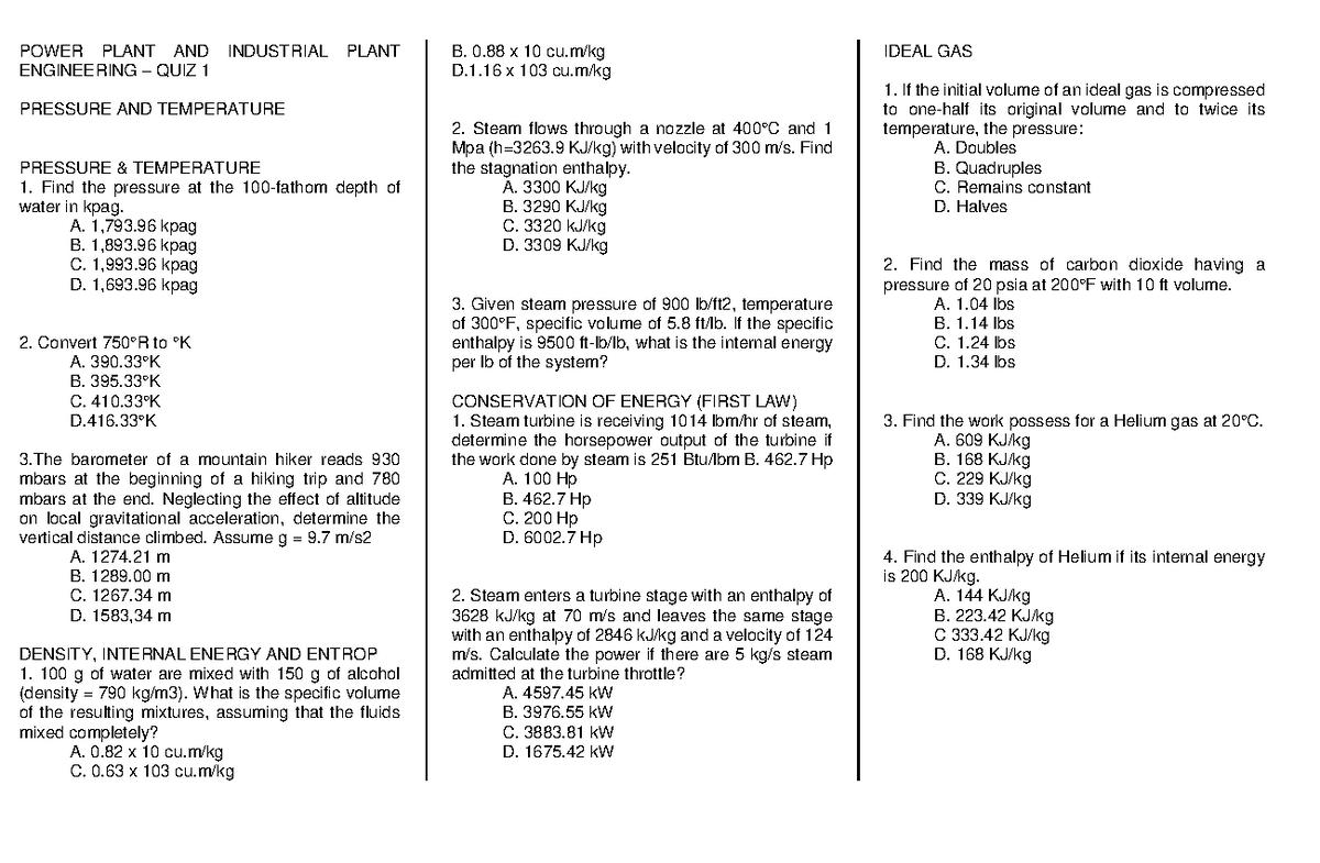 PIPE DAY1 - Engineering Quiz 1: Pressure, Temperature, and Ideal Gas ...