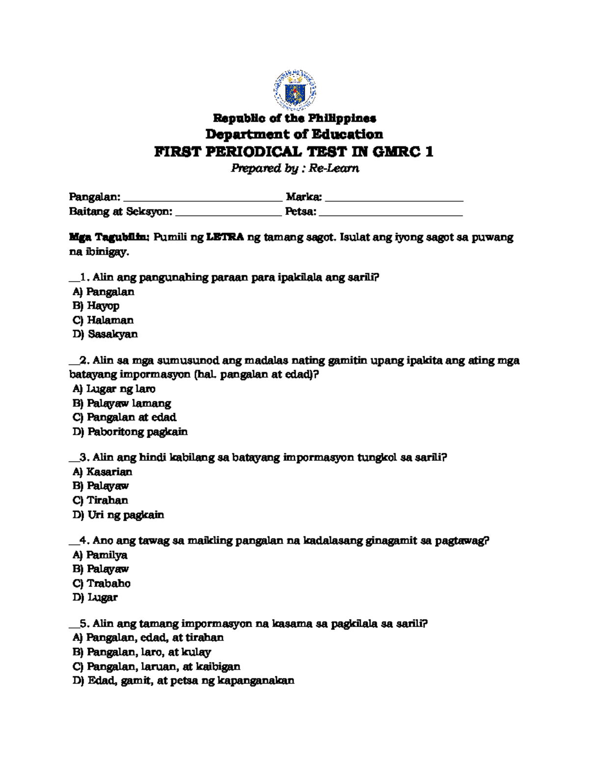 Q1 GMRC 1 First Periodical Test Review and Answers - Studocu