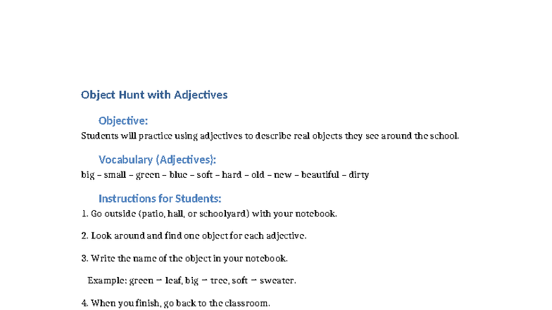Adjective Object Hunt Activity: Describing Real Objects - Studocu