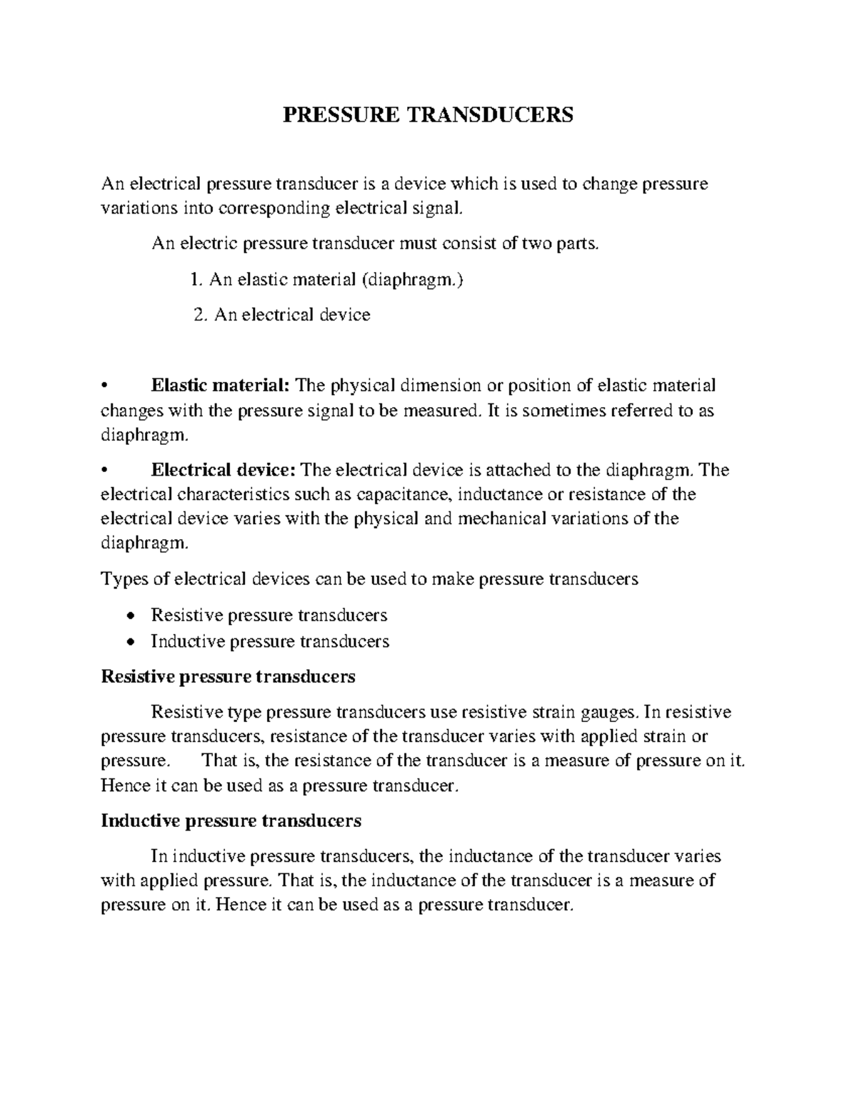 Unit 3 - SENSOR AND TRANSDUCER - PRESSURE TRANSDUCERS An electrical ...
