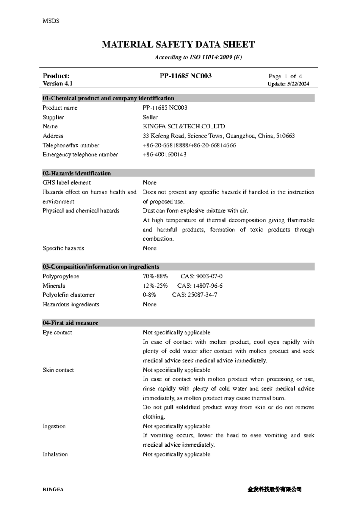 MSDS for NC003 Product (Version 4.1) - KINGFA Safety Data Sheet - Studocu